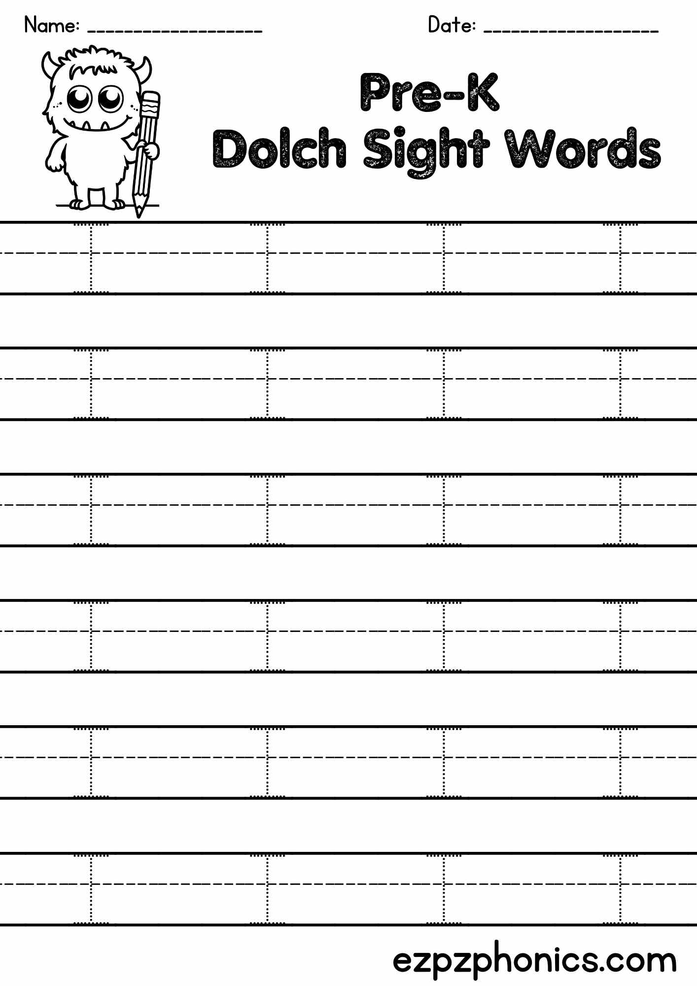 Tracing Pages Pre K Dolch Sight Words - ezpzphonics.com