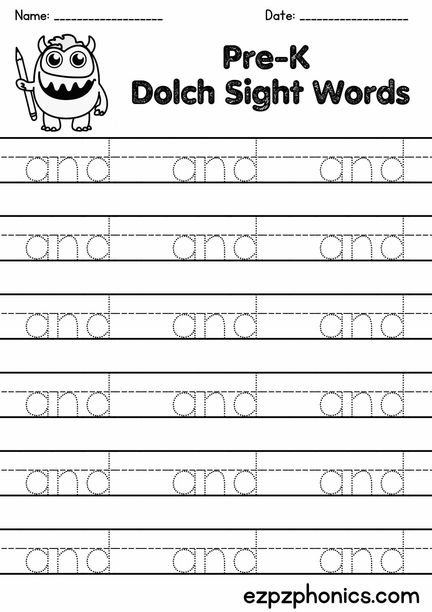 Tracing Pages Pre K Dolch Sight Words - ezpzphonics.com
