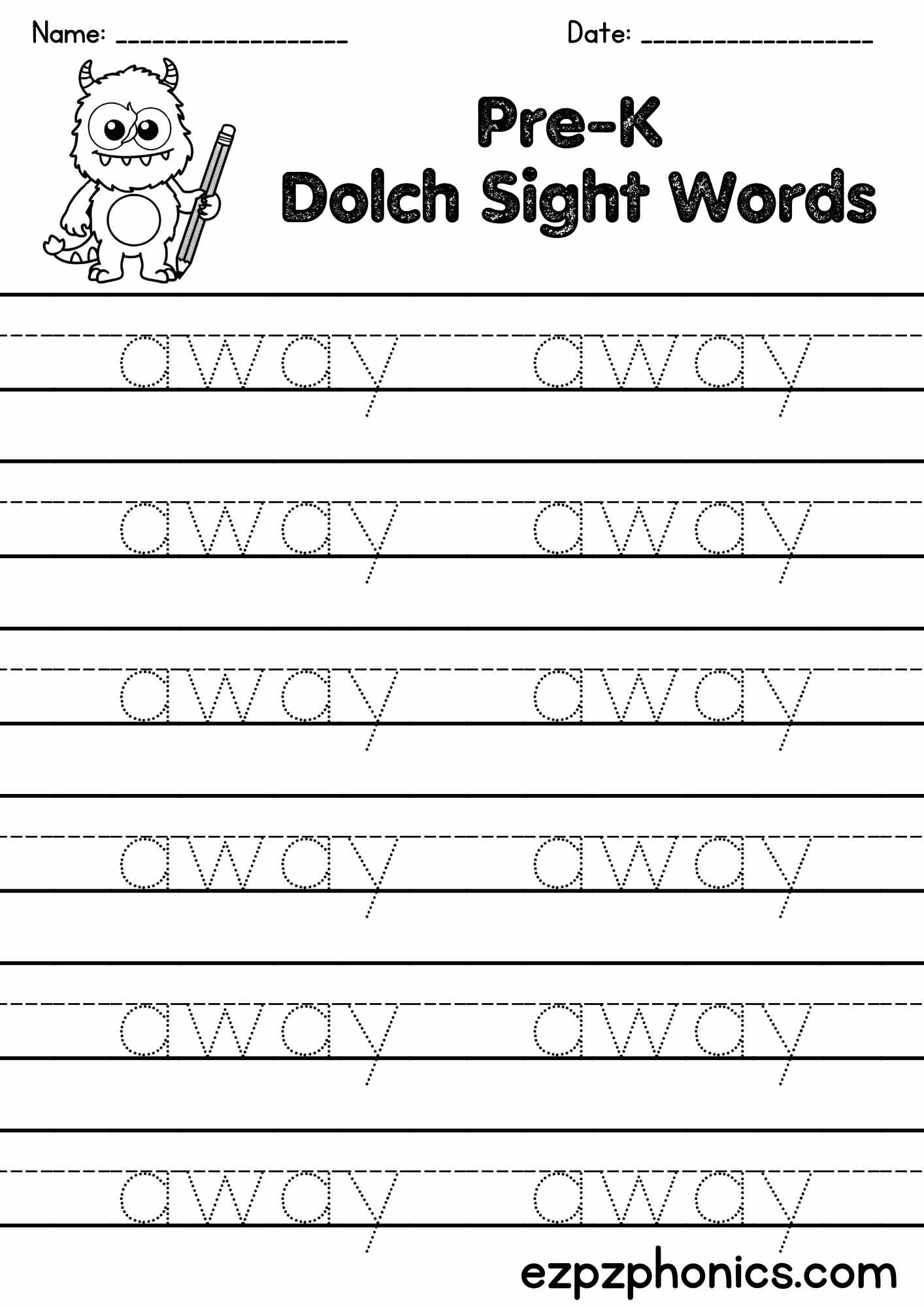 Tracing Pages Pre K Dolch Sight Words - ezpzphonics.com