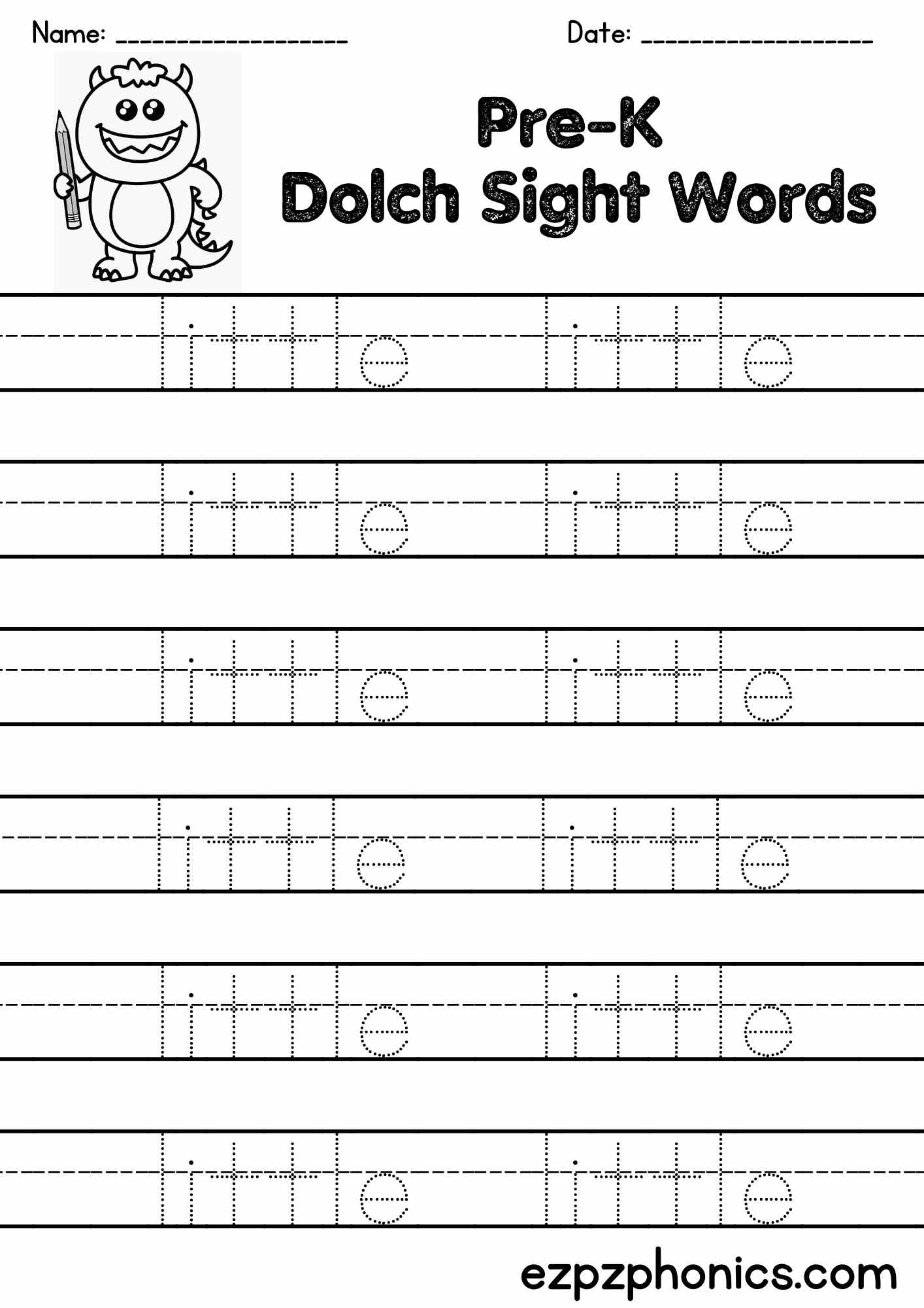 Tracing Pages Pre K Dolch Sight Words - ezpzphonics.com