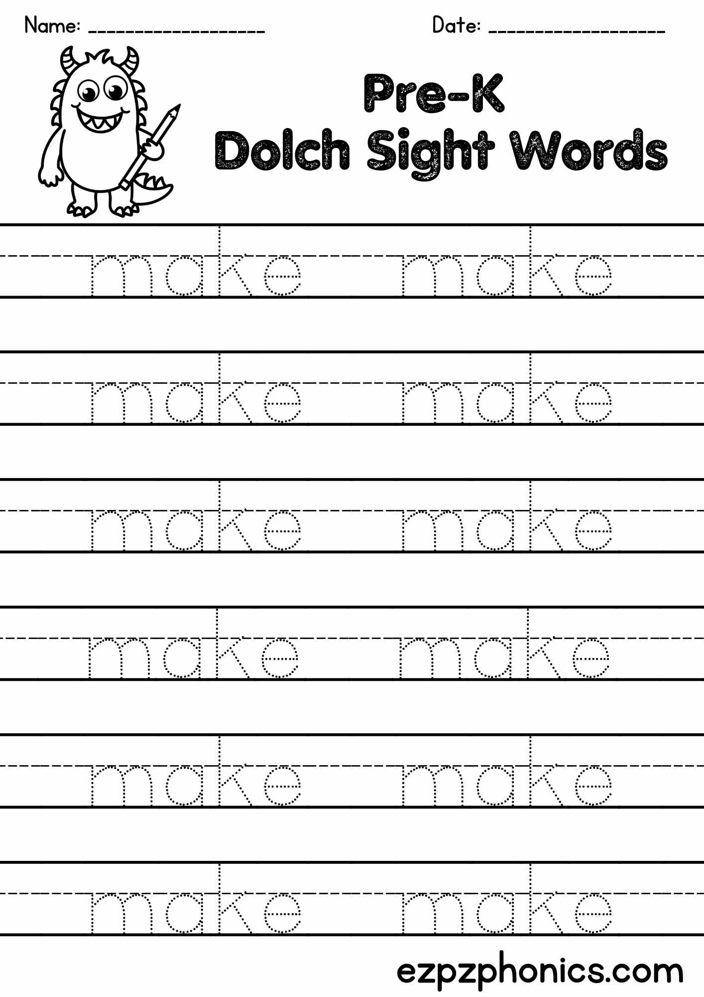 Tracing Pages Pre K Dolch Sight Words - ezpzphonics.com