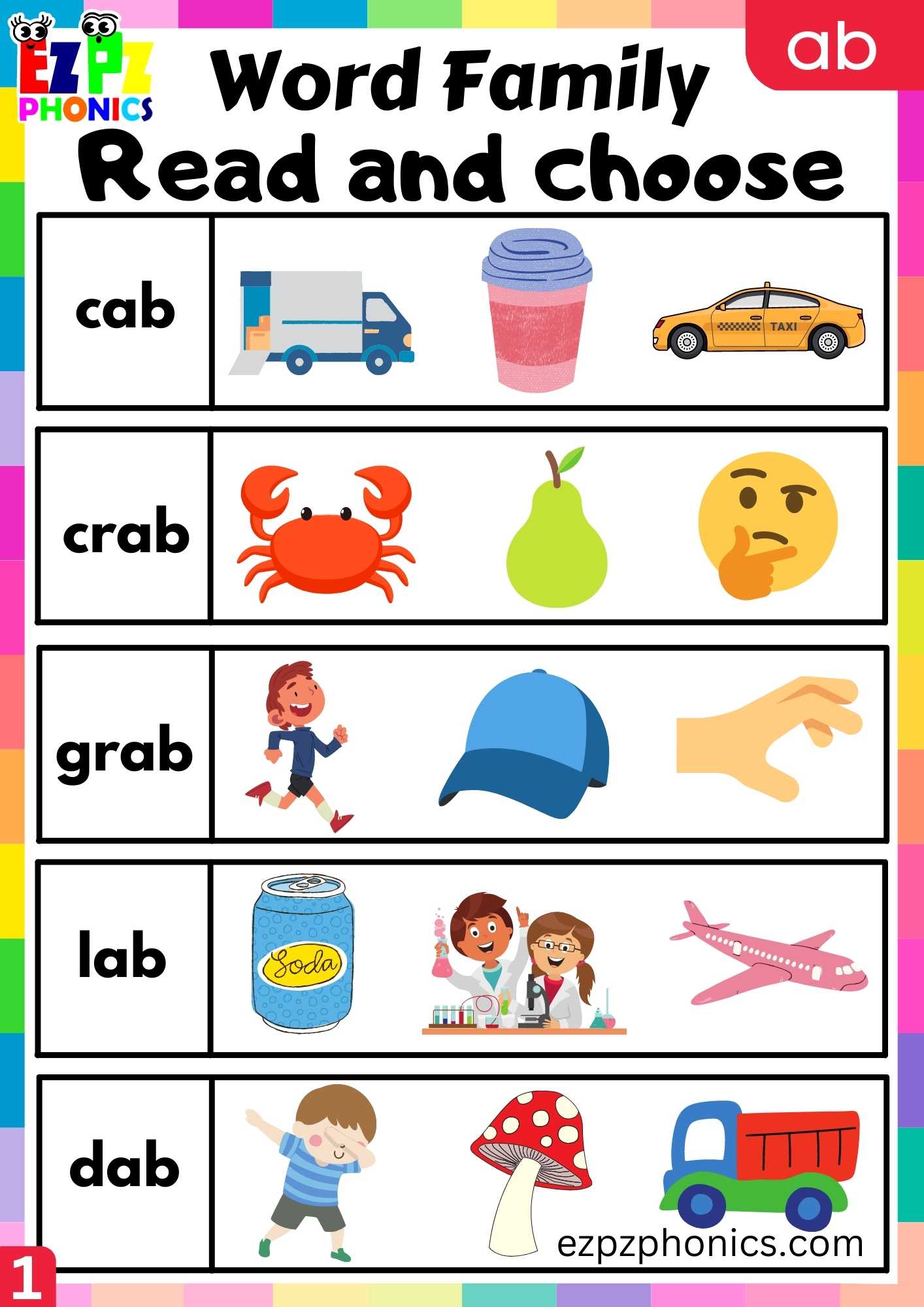 AB Words Read And Choose Phonics Word Families Worksheet - ezpzphonics.com