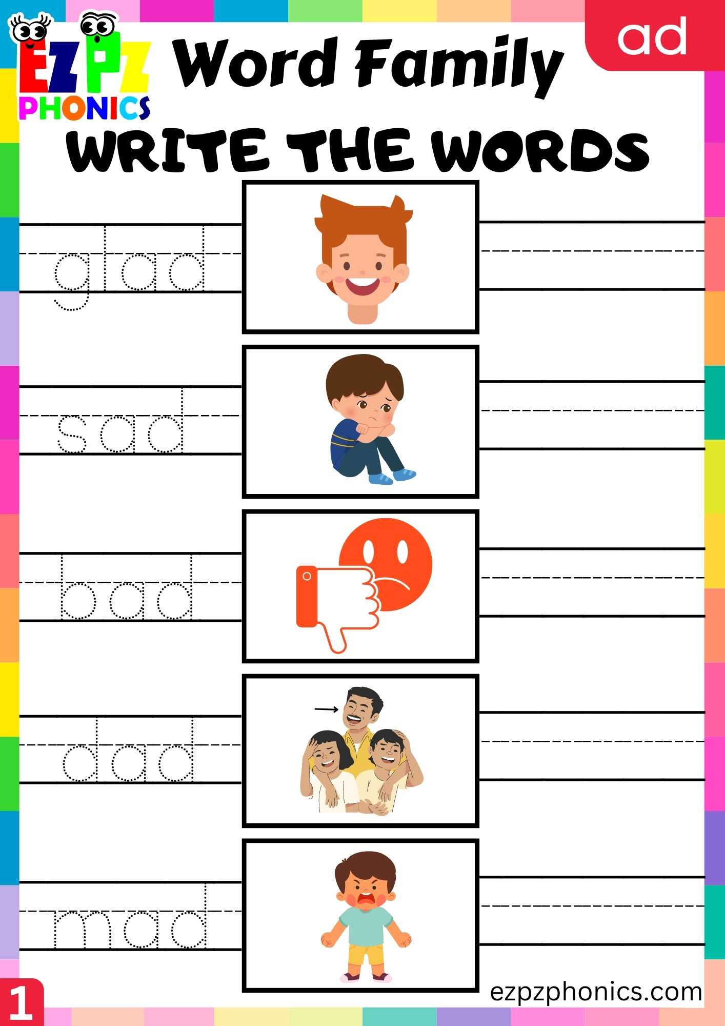 AD Words Write The Words Phonics Word Families Worksheet - ezpzphonics.com