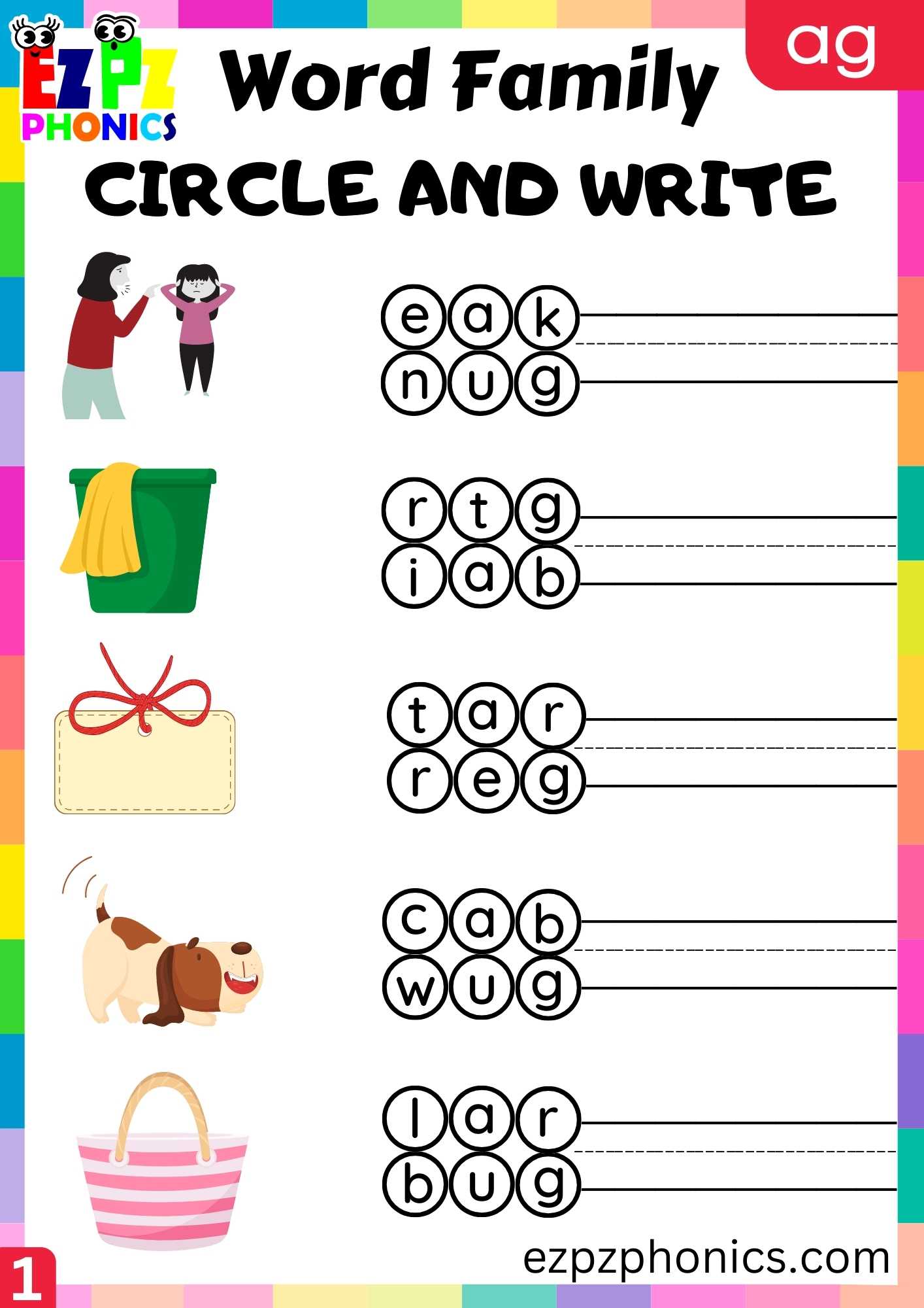 AG Words Circle And Write Phonics Word Families Worksheet - ezpzphonics.com