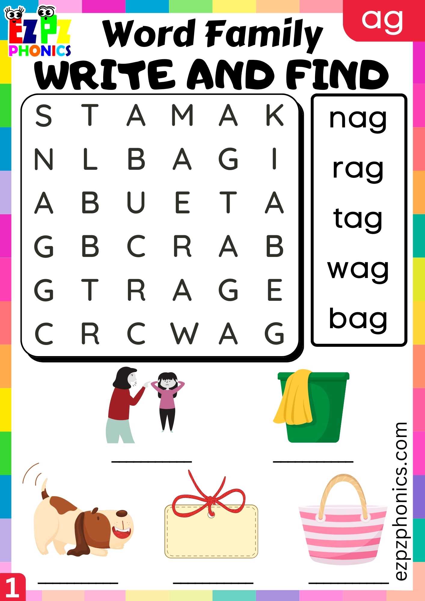 AG Words Write And Find Phonics Word Families Worksheet - ezpzphonics.com