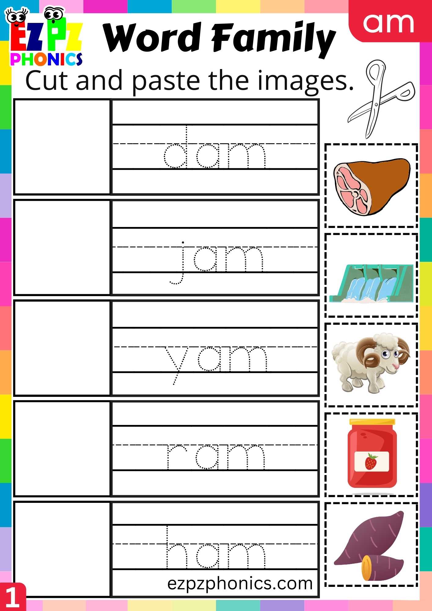 AM Words Cut And Paste The Images Phonics Word Families Worksheet ...