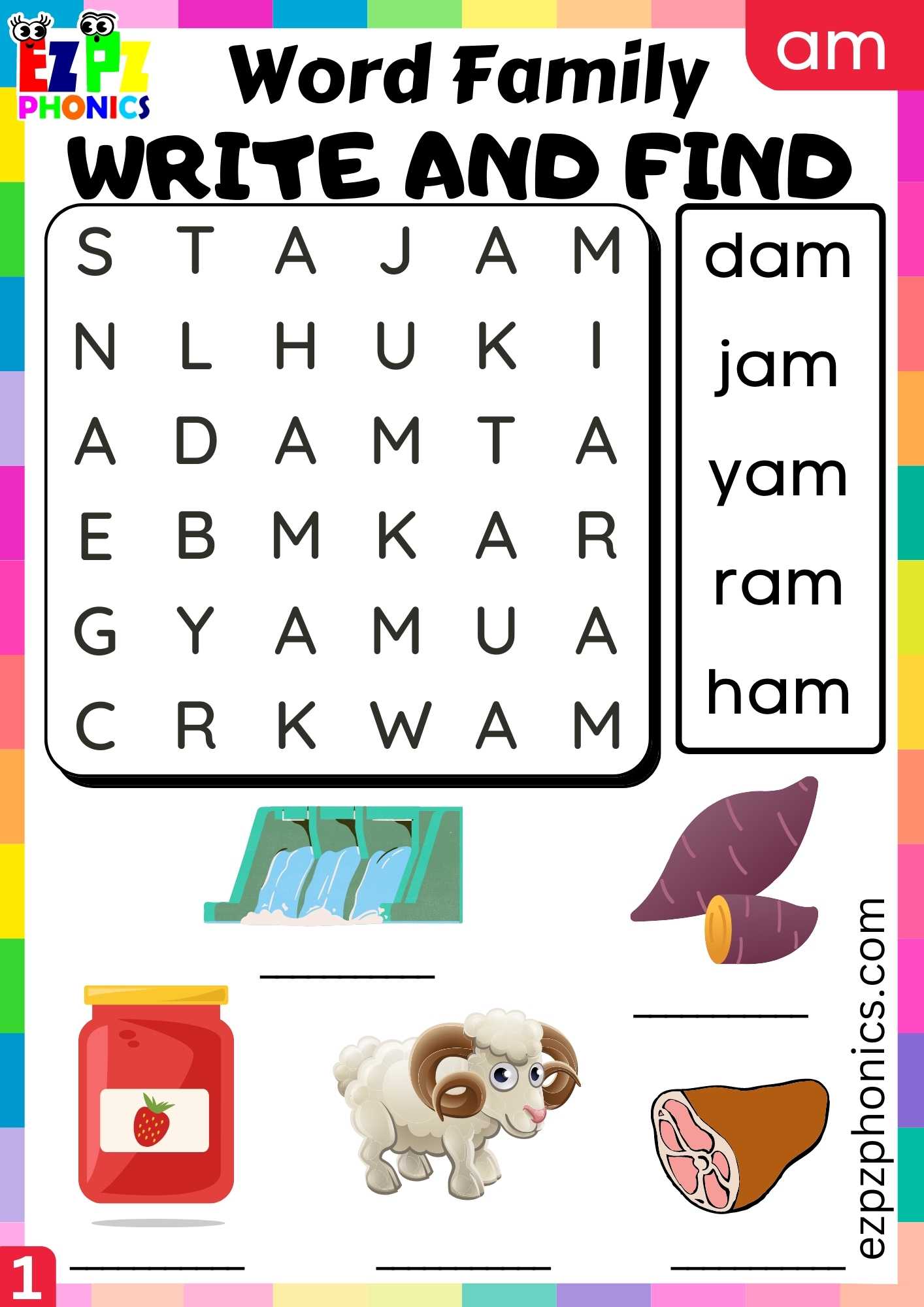 AM Words Write And Find Phonics Word Families Worksheet - ezpzphonics.com