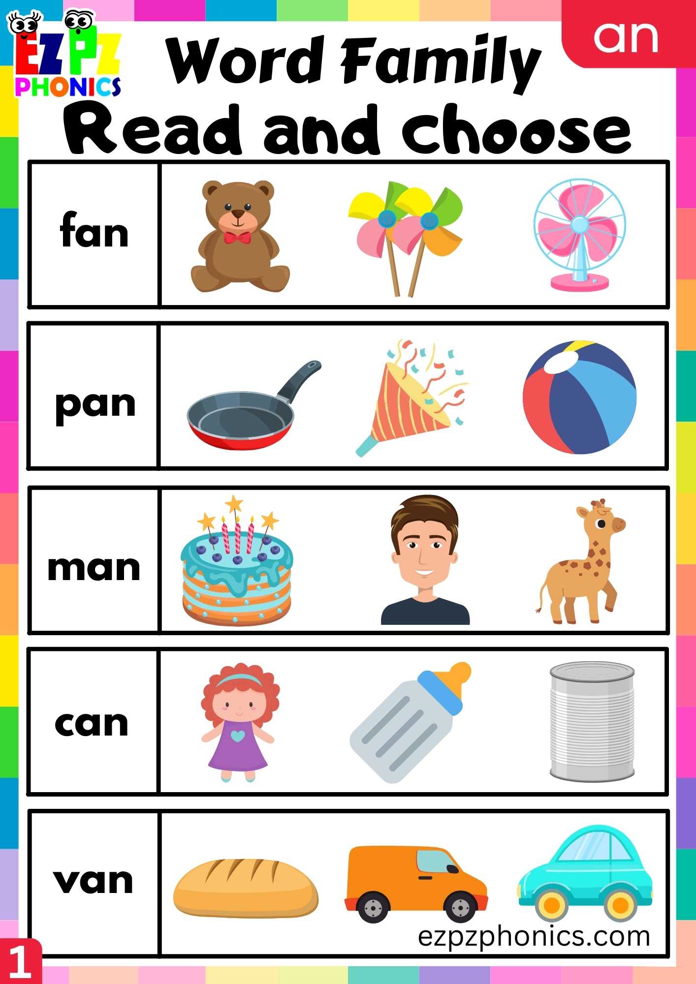 AN Words Read And Choose Phonics Word Families Worksheet - ezpzphonics.com