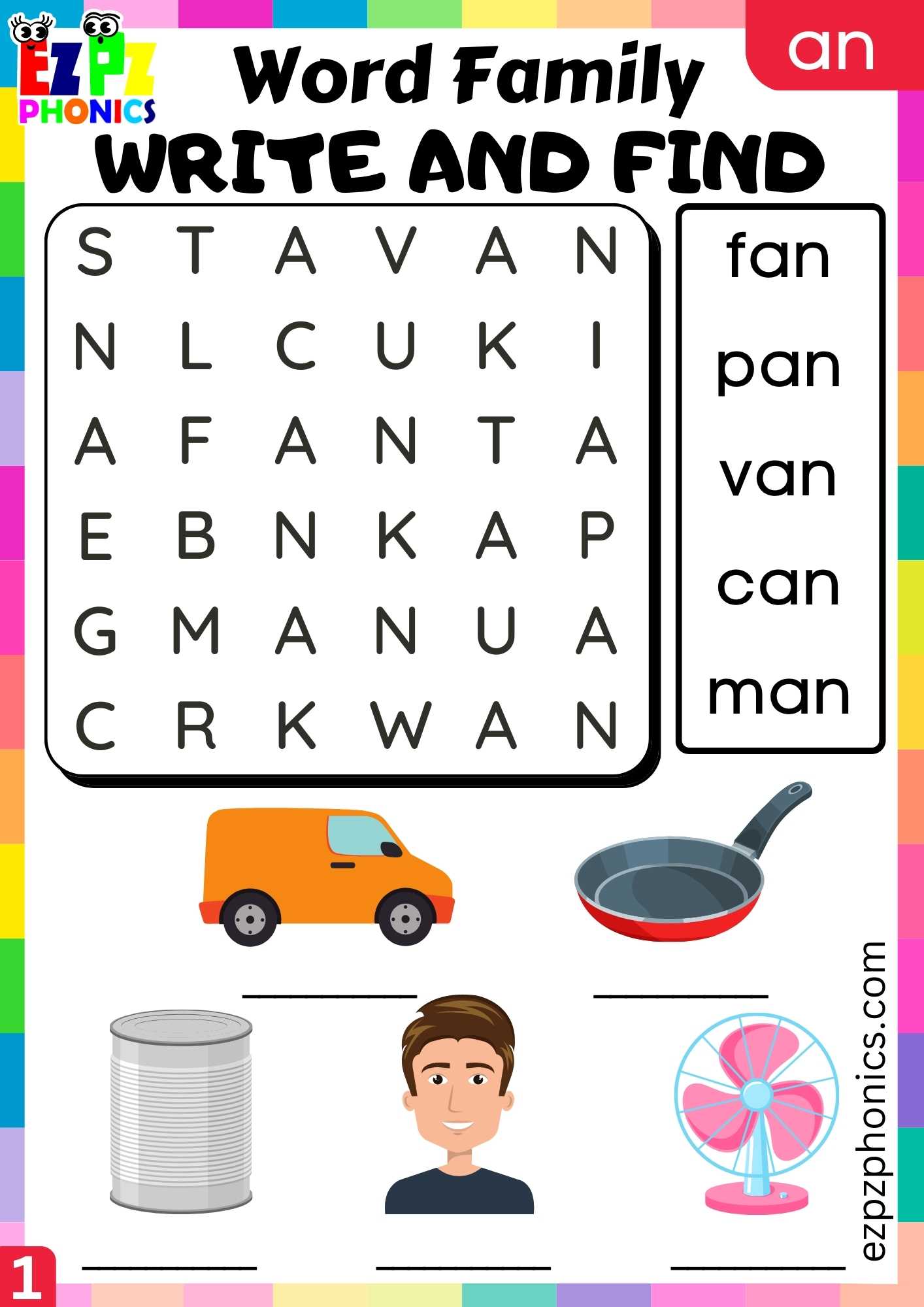 AN Words Write And Find Phonics Word Families Worksheet - ezpzphonics.com