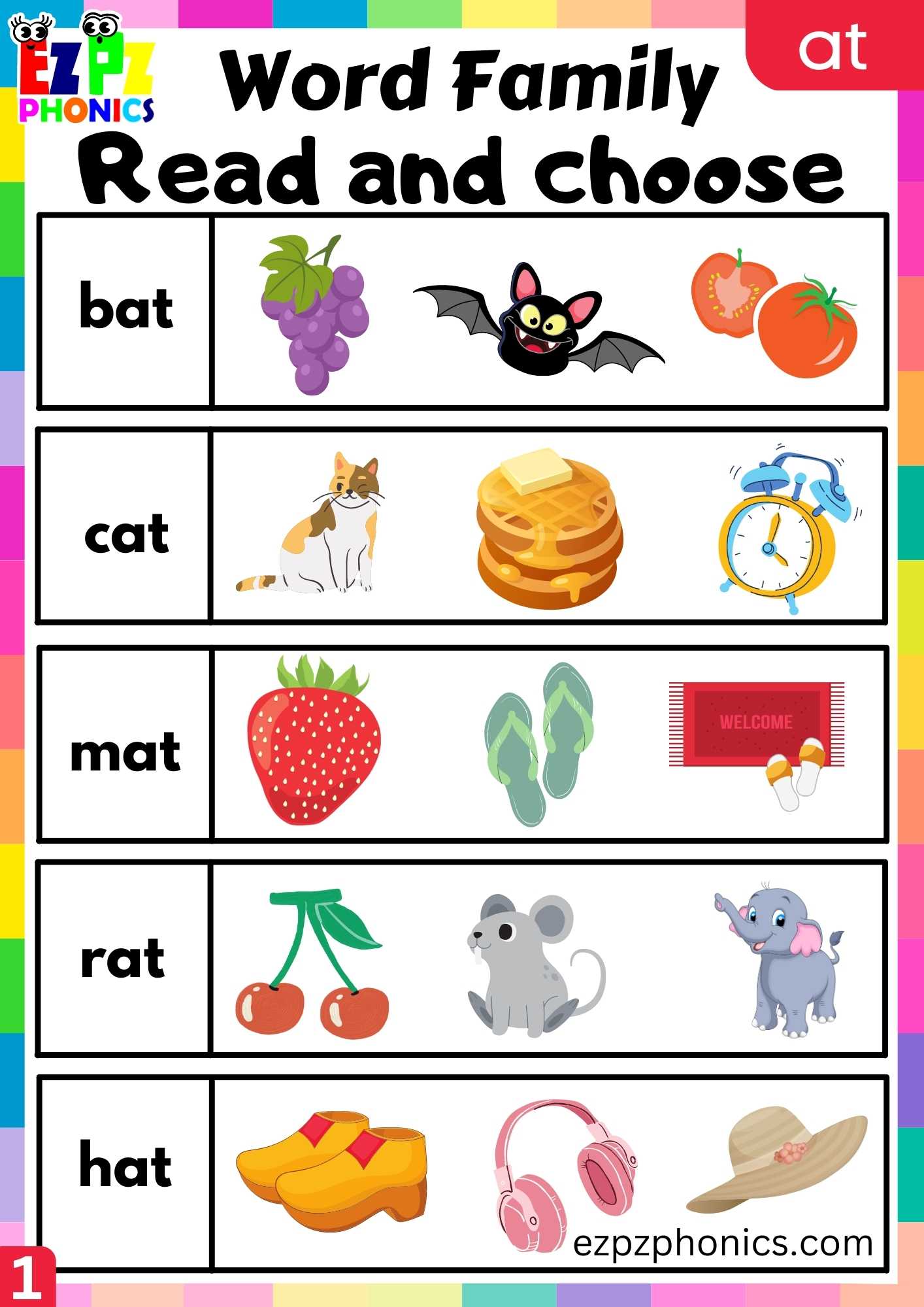 AT Words Read And Choose Phonics Word Families Worksheet - ezpzphonics.com