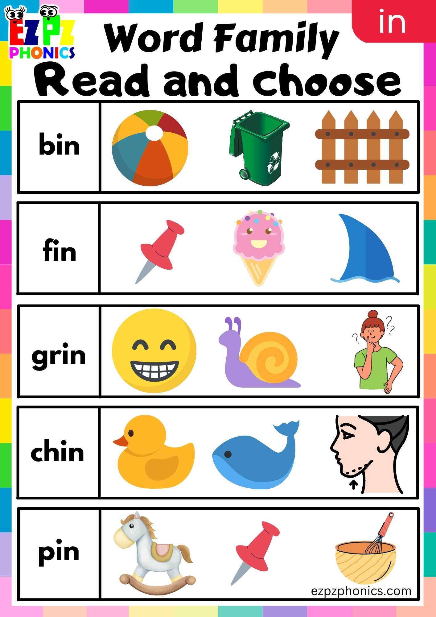 IN Words Read And Choose Phonics Word Families Worksheet - ezpzphonics.com