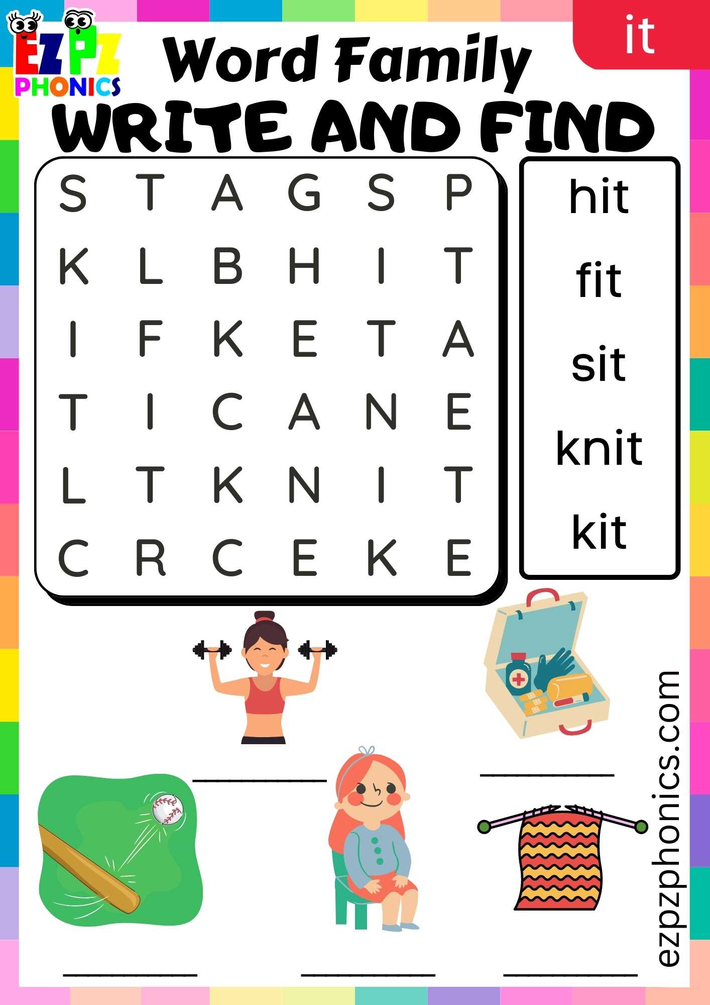IT Words Write And Find Phonics Word Families Worksheet - ezpzphonics.com