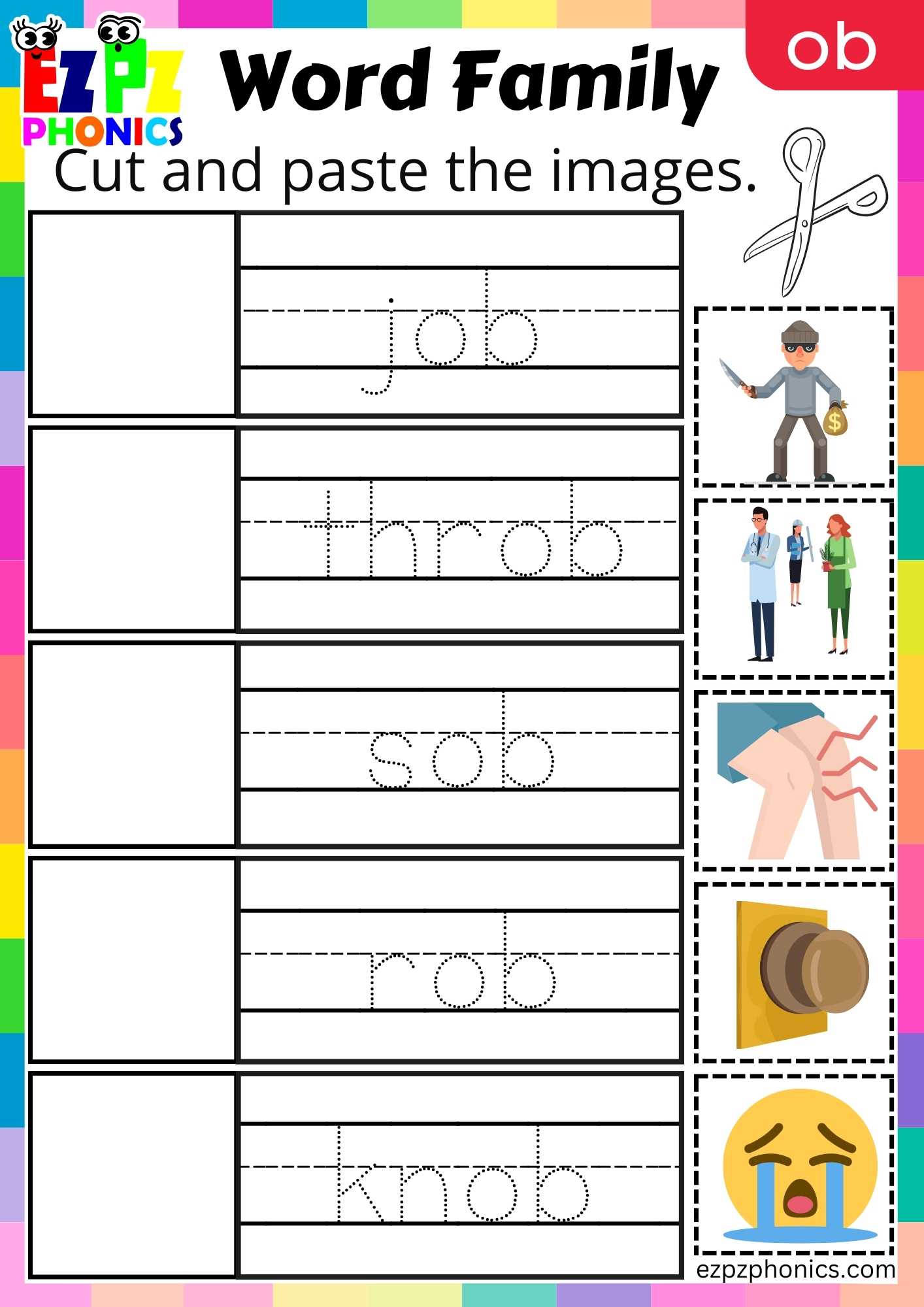 OB Words Cut And Paste The Images Phonics Word Families Worksheet ...