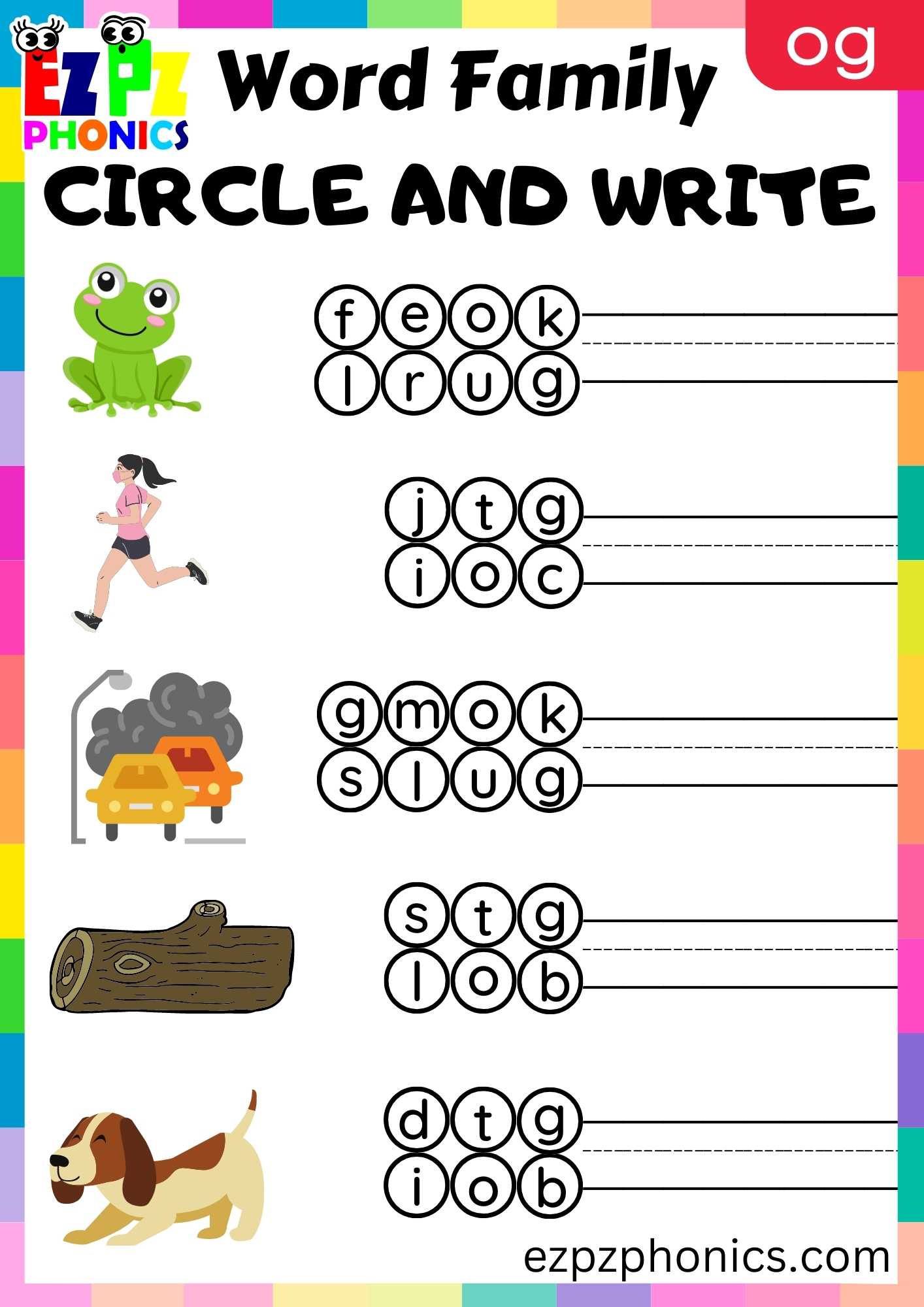 OG Words Circle And Write Phonics Word Families Worksheet - ezpzphonics.com