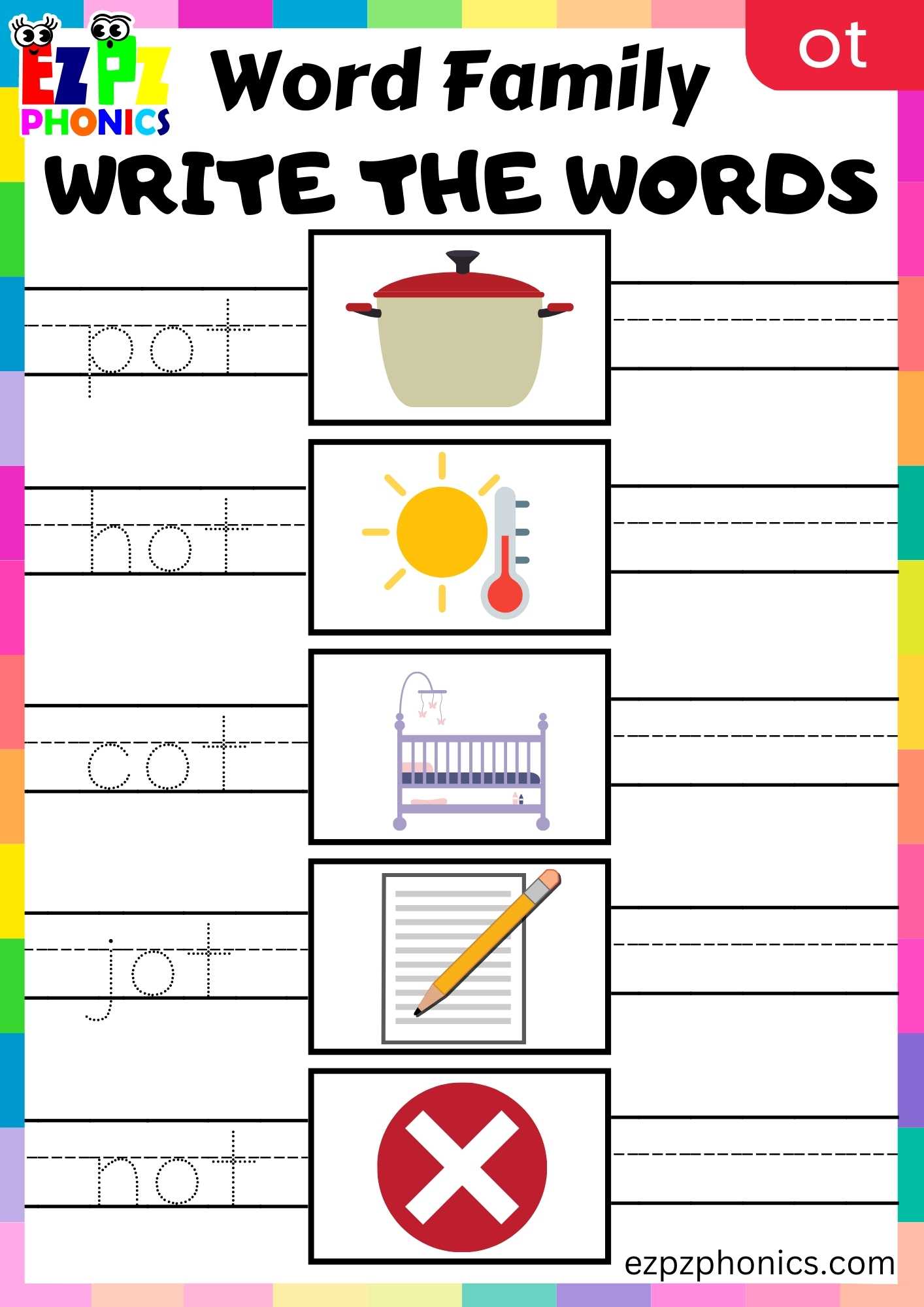 OT Words Write The Words Phonics Word Families Worksheet - ezpzphonics.com