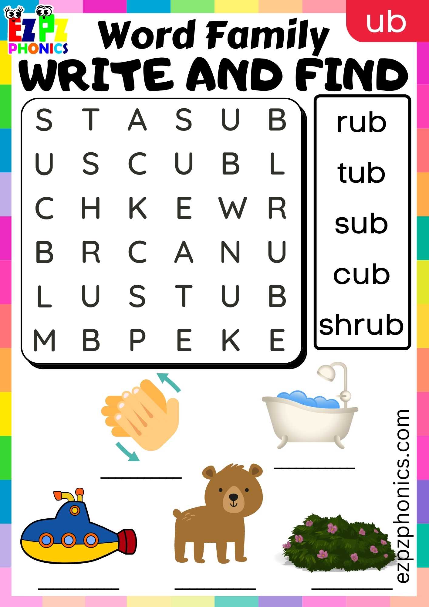 UB Words Write And Find Phonics Word Families Worksheet - ezpzphonics.com