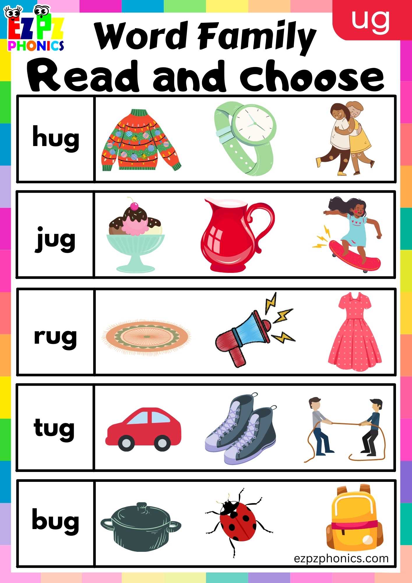 UG Words Read And Choose Phonics Word Families Worksheet - ezpzphonics.com