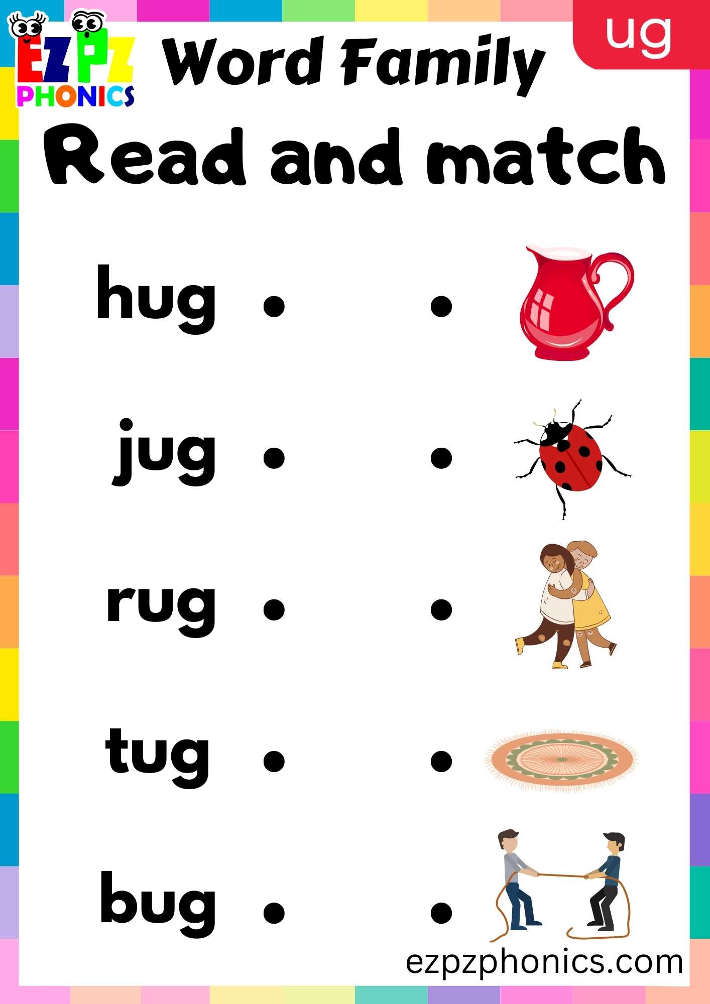 UG Words Read And Match Phonics Word Families Worksheet - ezpzphonics.com