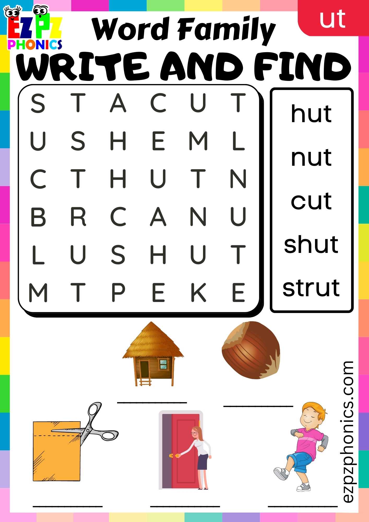 UT Words Write And Find Phonics Word Families Worksheet - ezpzphonics.com