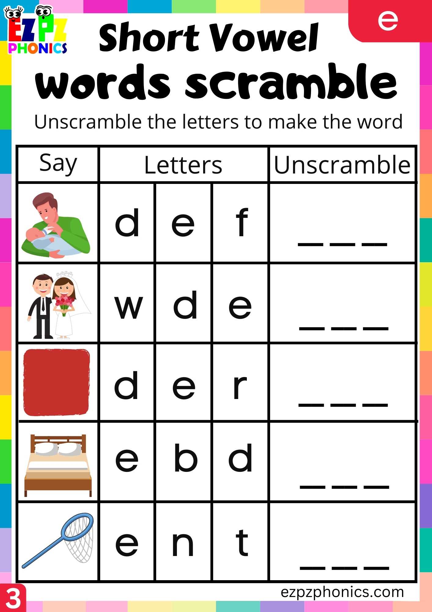 Group3 E Words Words Scramble Short Vowel CVC Words - ezpzphonics.com