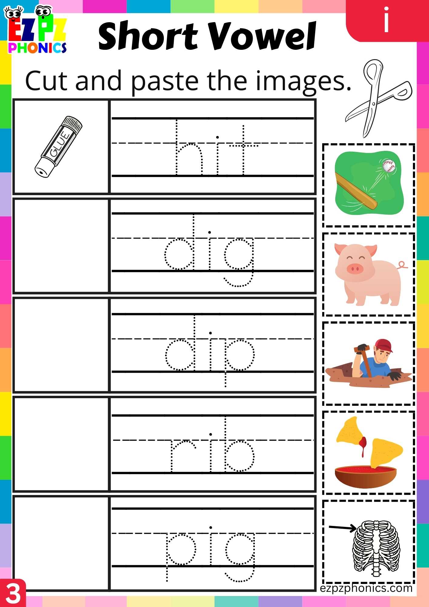 Group3 I Words Cut And Paste The Images Short Vowel CVC Words Worksheet ...